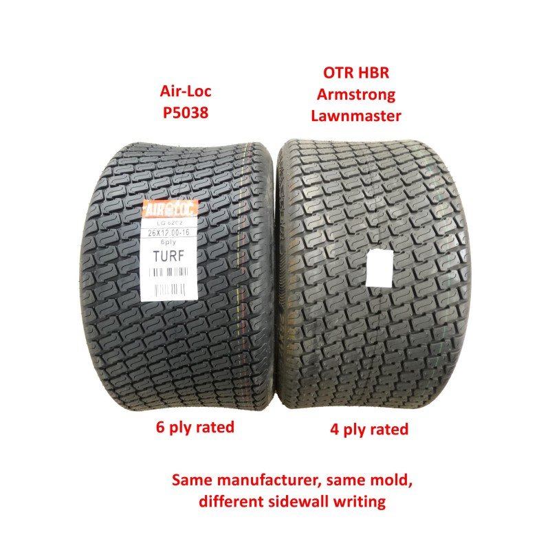 26X12.00-16 Air-Loc P5038 Turf Tire 6 ply TL identical to OTR Lawnmaster